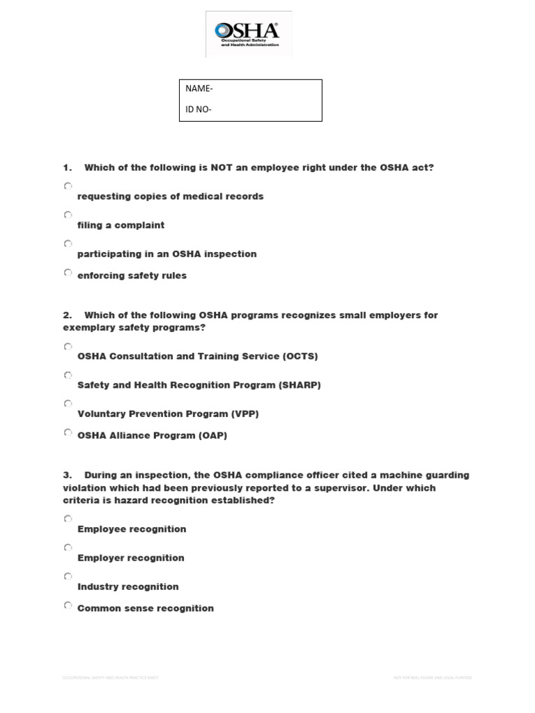 OSHA Exam Practice Questions Guide | PDF | Business | Science & Mathematics