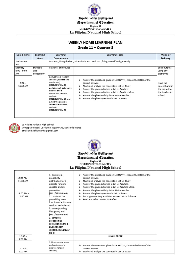 Grade 11 Weekly Learning Plan: Quarter 3 | PDF