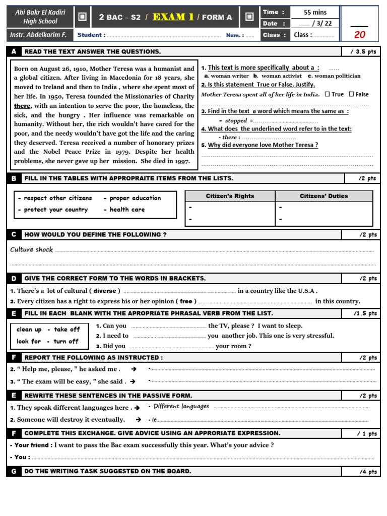 2 BAC. EXAM 1 S 2 2022 Physics | PDF | Mother Teresa