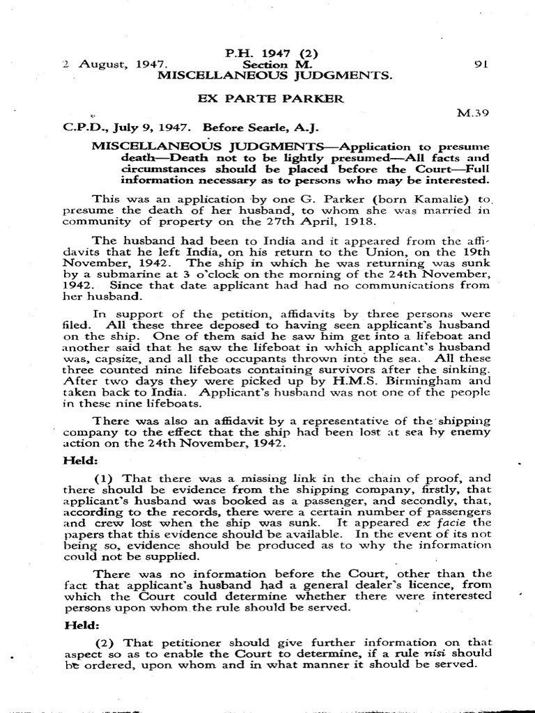 Ex Parte Parker 1947 (2) PH M39 (CPD) | PDF | Travel | Law