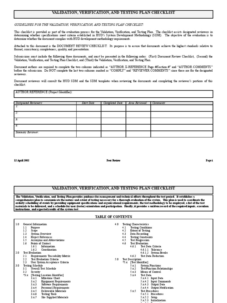 Validation Verification And Testing Plan Checklist Pdf Verification And Validation
