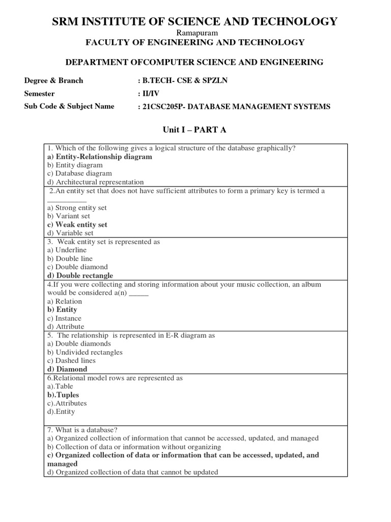21CSC205P - DBMS - Unit I - QB | PDF | Databases | Conceptual Model