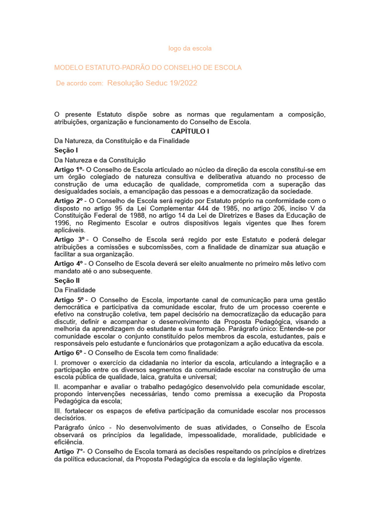 9.modelo de Estatuto de Conselho de Escola | PDF