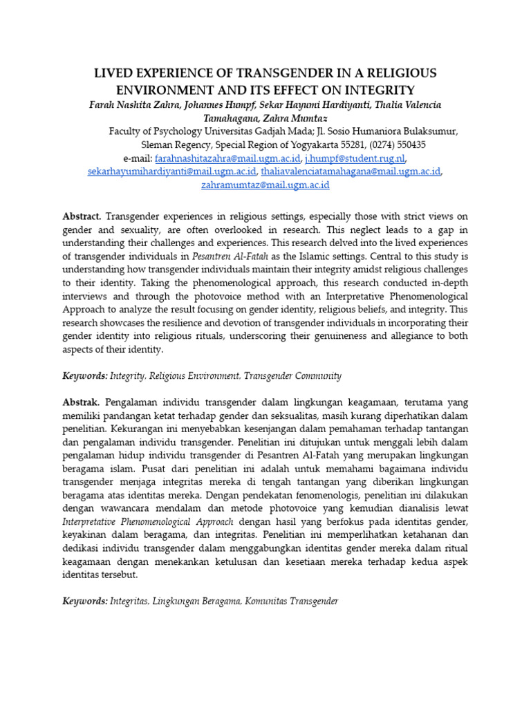 Lived Experience of Transgender in A Religious Environment and Its Effect On Integrity: A ...