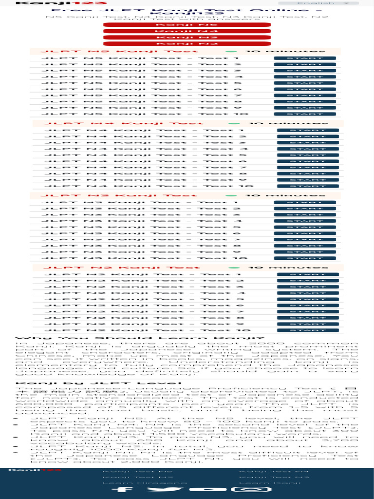 Free JLPT Kanji Test Online - Kanji123 | PDF | Tests | Japan