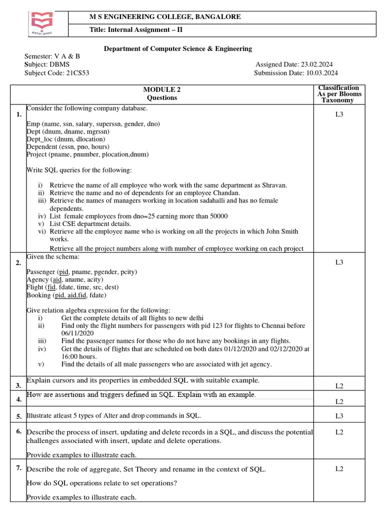 21CS53 Assignment2 | Download Free PDF | Sql | Databases