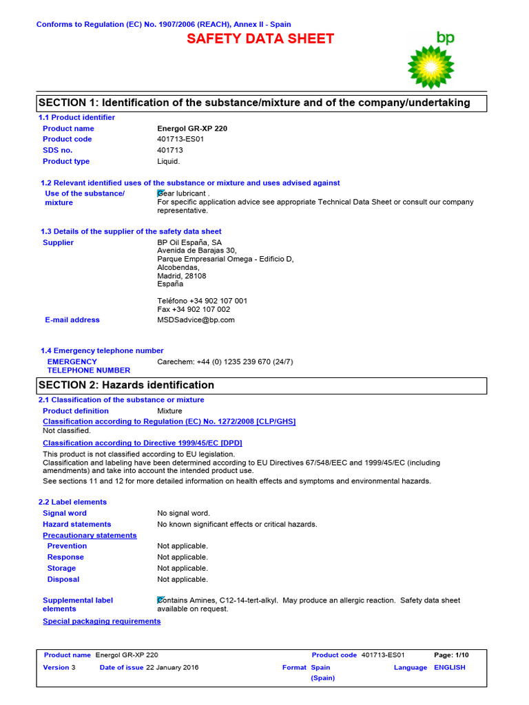 BP Energol GR XP 220 | Download Free PDF | Personal Protective Equipment | Chemistry