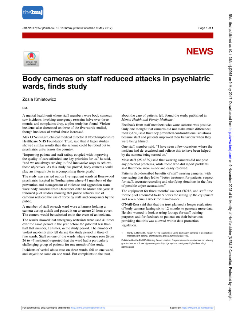 Body Cameras on Staff Reduced Attacks in Psychiatric Wards Finds a ...