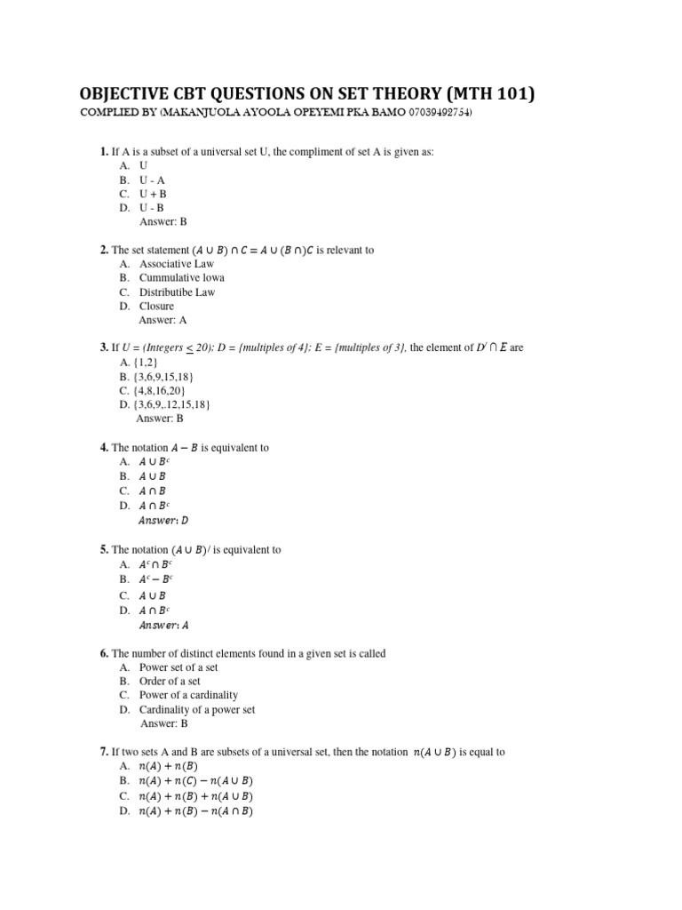 MTH 101 Set Theory CBT Questions | PDF | Arithmetic | Abstract Algebra