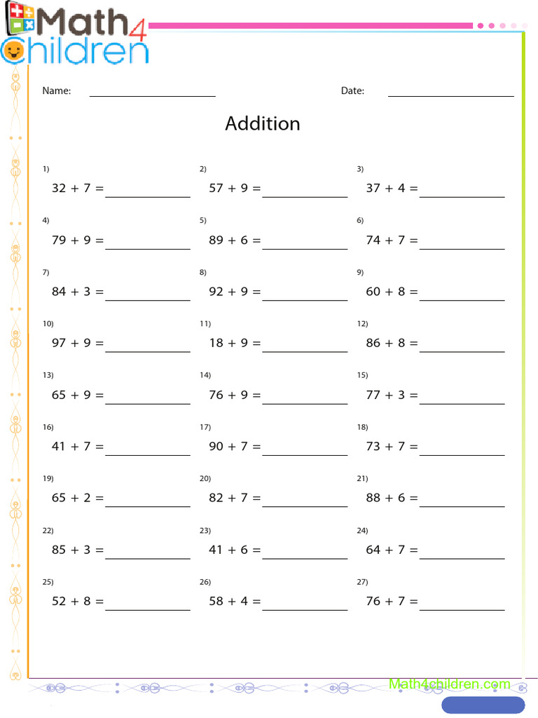 Addition Horizontally Arranged Numbers Sheet 2 002 | PDF