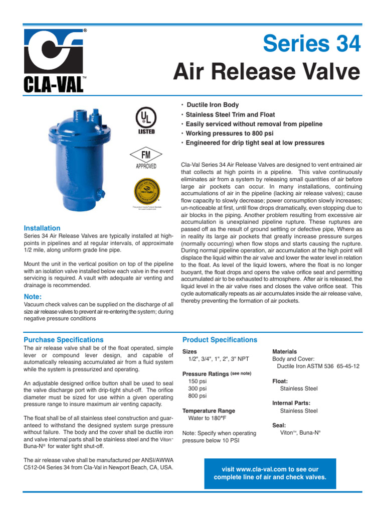 Air Release Valve Cla-Val | PDF | Valve | Pipeline Transport