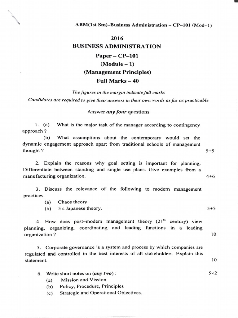 CU MBA Questions 1st Sem 2016 | PDF