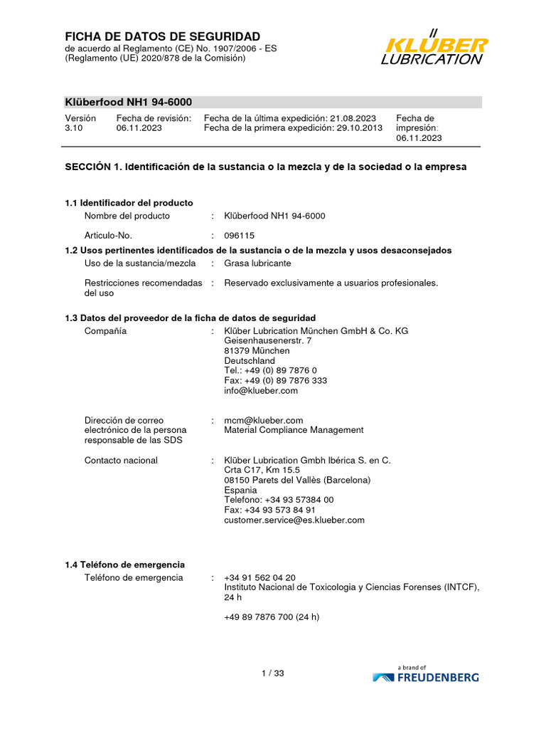 Ficha Seguridad Klüberfood NH1 94-6000 | PDF | Toxicidad | Mezcla