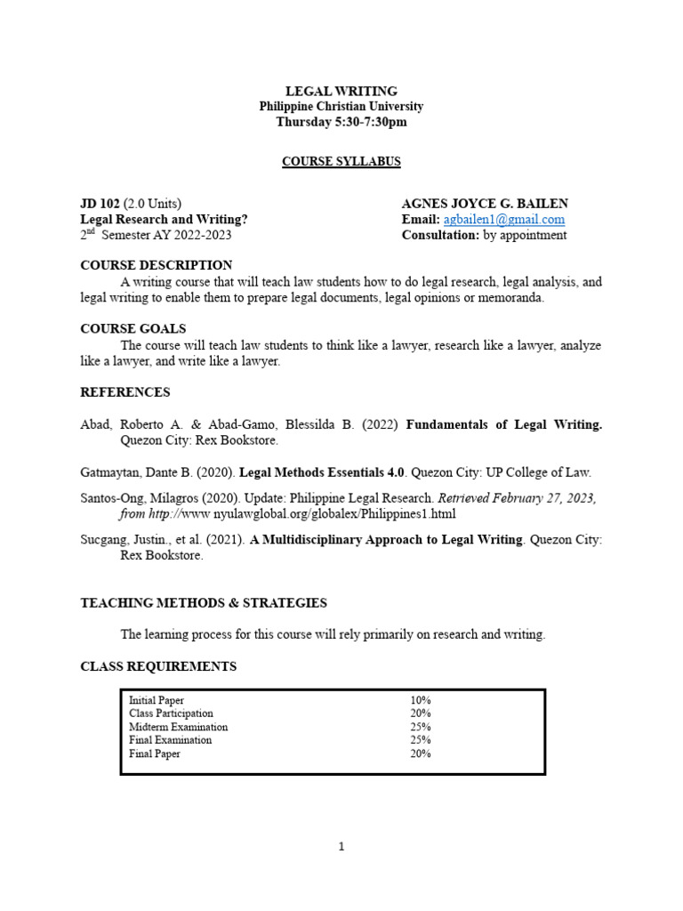 Legal Writing Course Syllabus | PDF | Precedent | Case Law