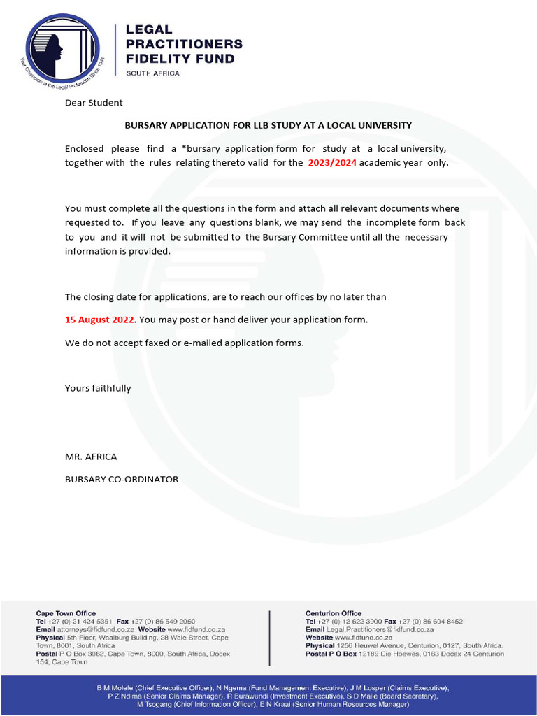 Legal Practitioners Fidelity Fund Bursary Application Form | PDF | Identity Document | Academic ...