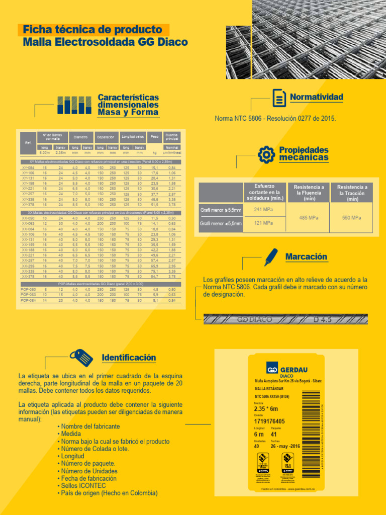 Ficha Técnica Malla Electrosoldada GG Diaco | PDF | Acero | Ingeniería
