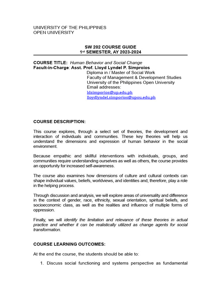 SW 202 Course Guide Ay 2023-2024 | PDF | Behavior | Theory