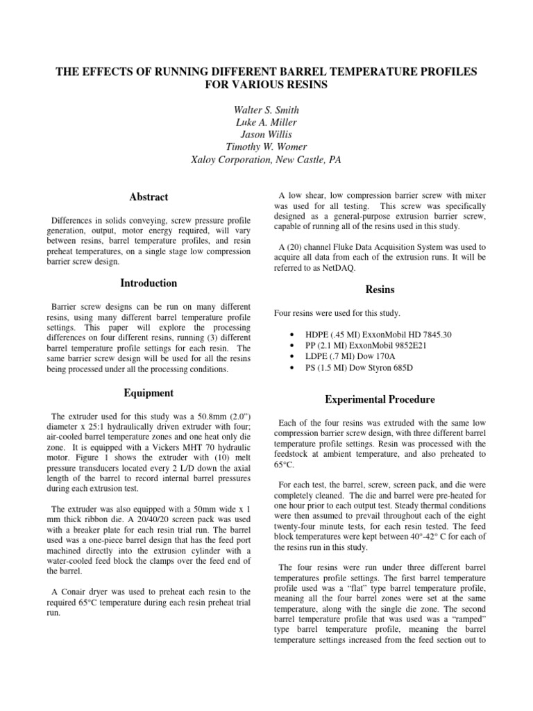 Barrel Temperature Effects on Resin Output | PDF | Extrusion | Physical ...