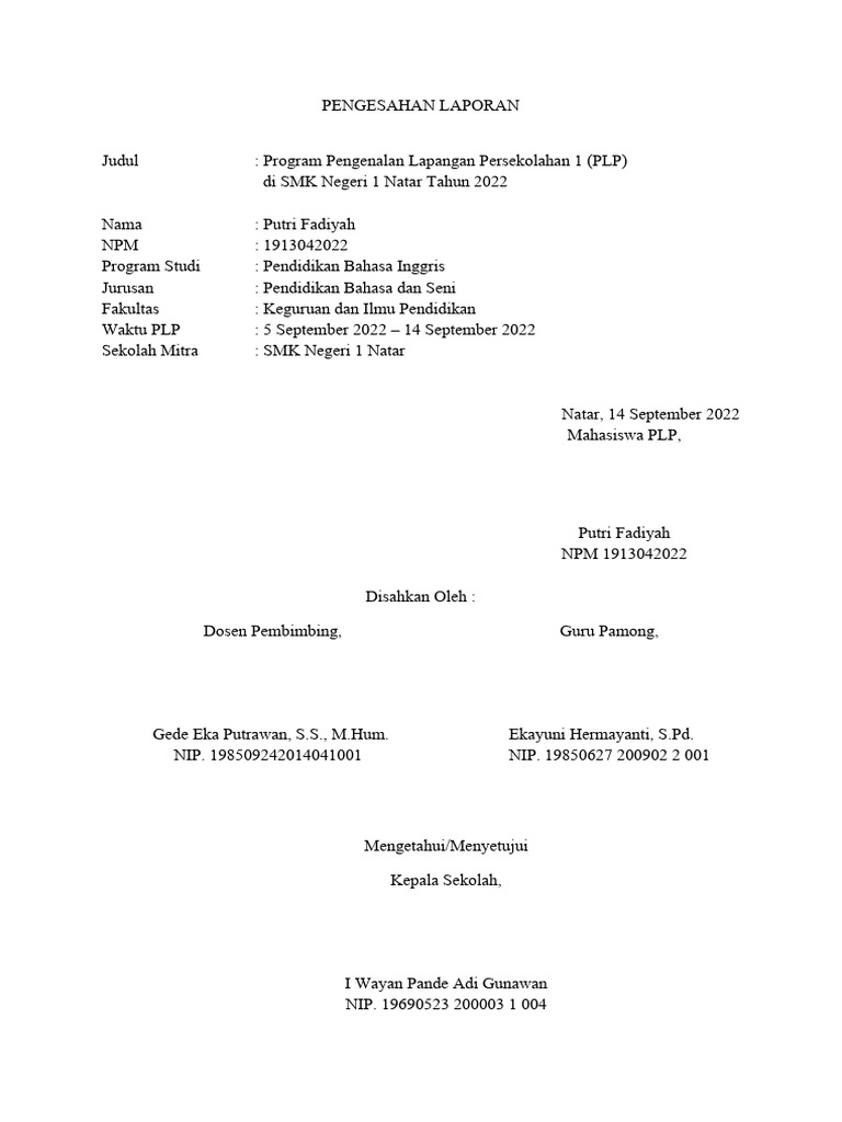Laporan PLP SMK Negeri 1 Natar 2022 | PDF