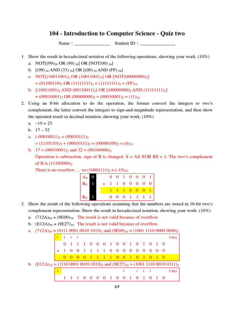 Computer Science Quiz: Hex & Logic Operations | PDF | Computer Data ...