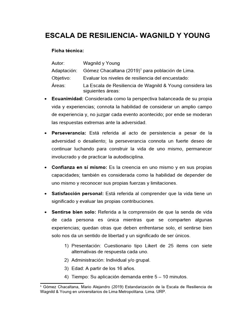FICHAS TECNICAS ESCALA DE RESILIENCIA Wagnild y Young | PDF | Resiliencia psicológica | Sicología