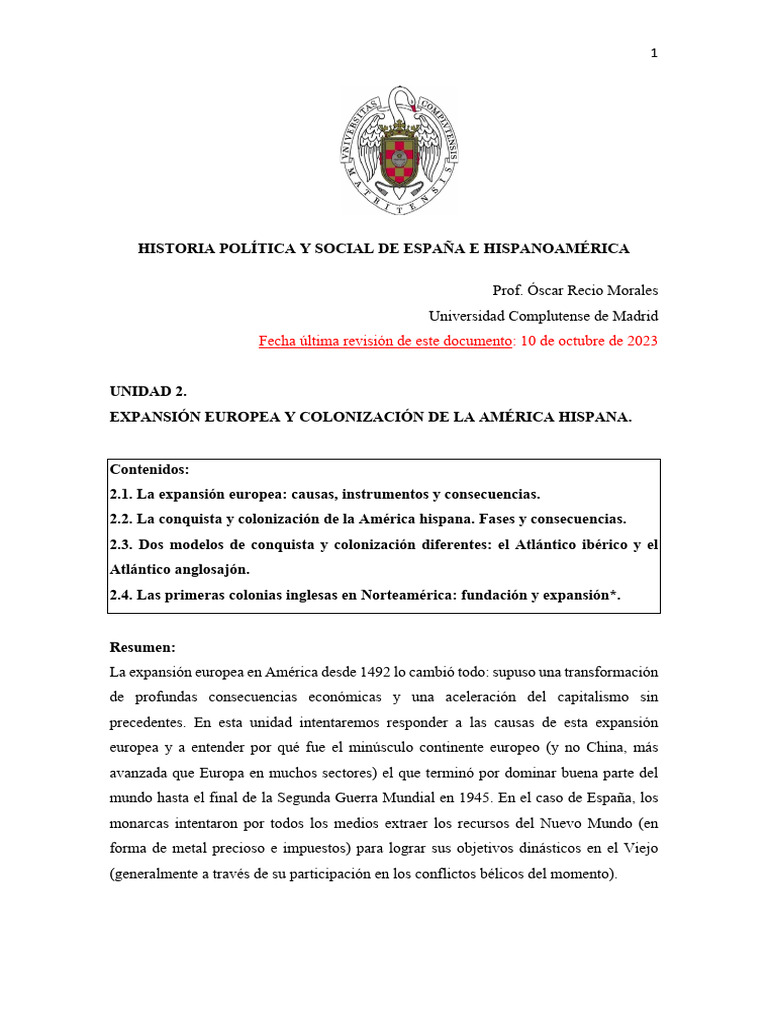 Unidad 2 Expansión Europea América | PDF