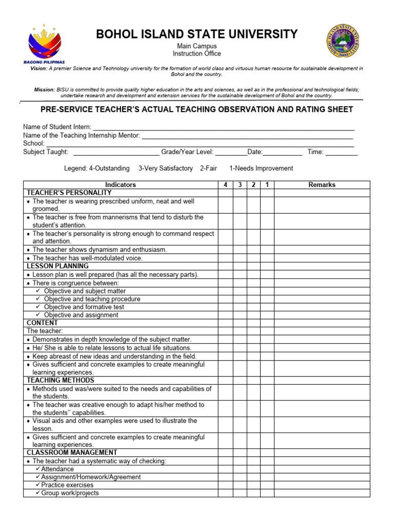 Pre Service Teachers Actual Teaching Observation and Rating Sheet | PDF ...