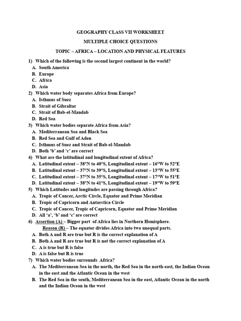 Africa Geography Worksheet for Class 7 | PDF | Latitude | Longitude