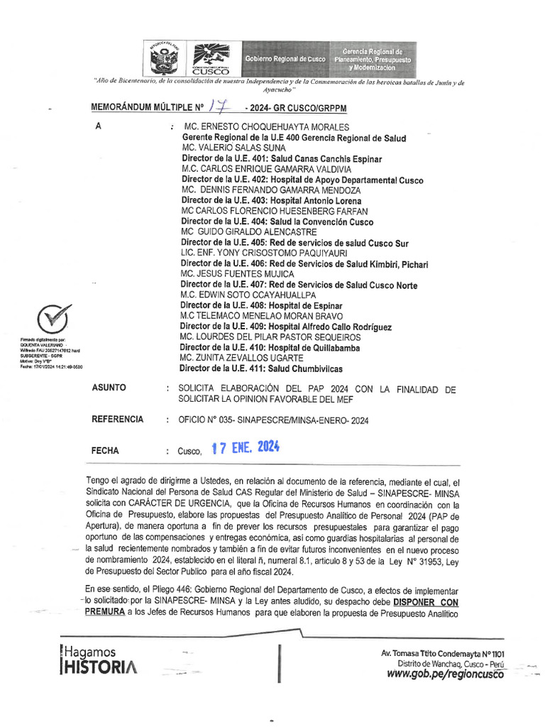 Memorandum Multiple #17-2024 Unidades Ejecutora Del Pap | PDF