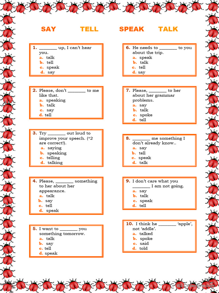 Speak, Say, Tell, Talk Exercises PDF | PDF