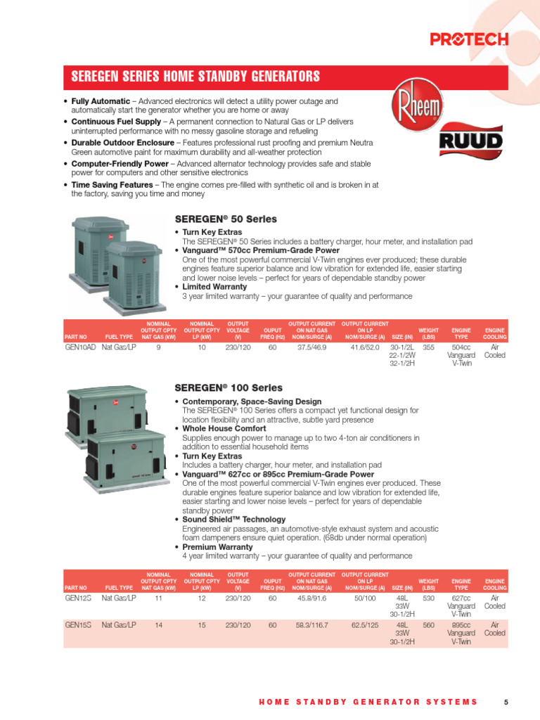 Seregen Series Home Standby Generators | PDF | Engines | Battery Charger