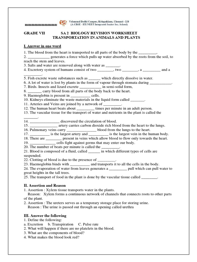CLASS 7 Transportataion in Animals and Plants SA2 Revision Worksheet ...