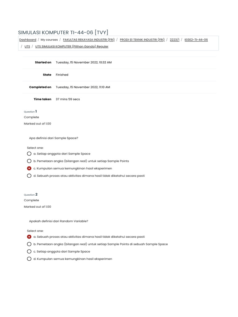 UTS SIMULASI KOMPUTER (Pilihan Ganda) Reguler - Attempt Review | PDF