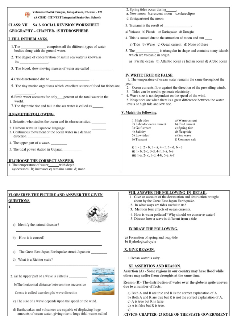 Grade 7 SA-2 Revision Worksheet NEW | PDF | Oceans | Tide