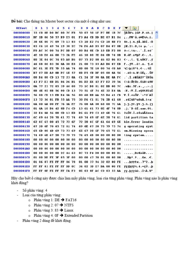 Đề bài: Cho thông tin Master boot sector của một ổ cứng như sau | PDF
