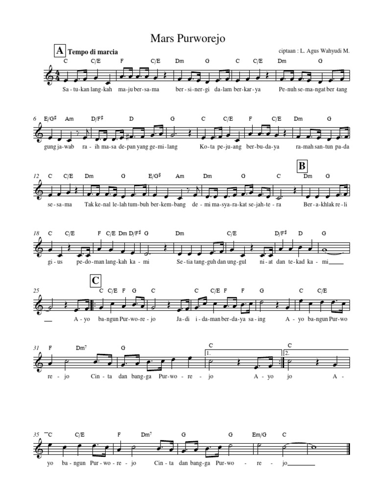Notasi Mars Purworejo | PDF