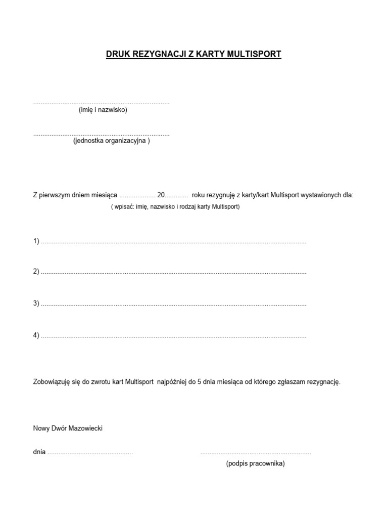 Druk Rezygnacji Z Karty Multisport 2023 | PDF