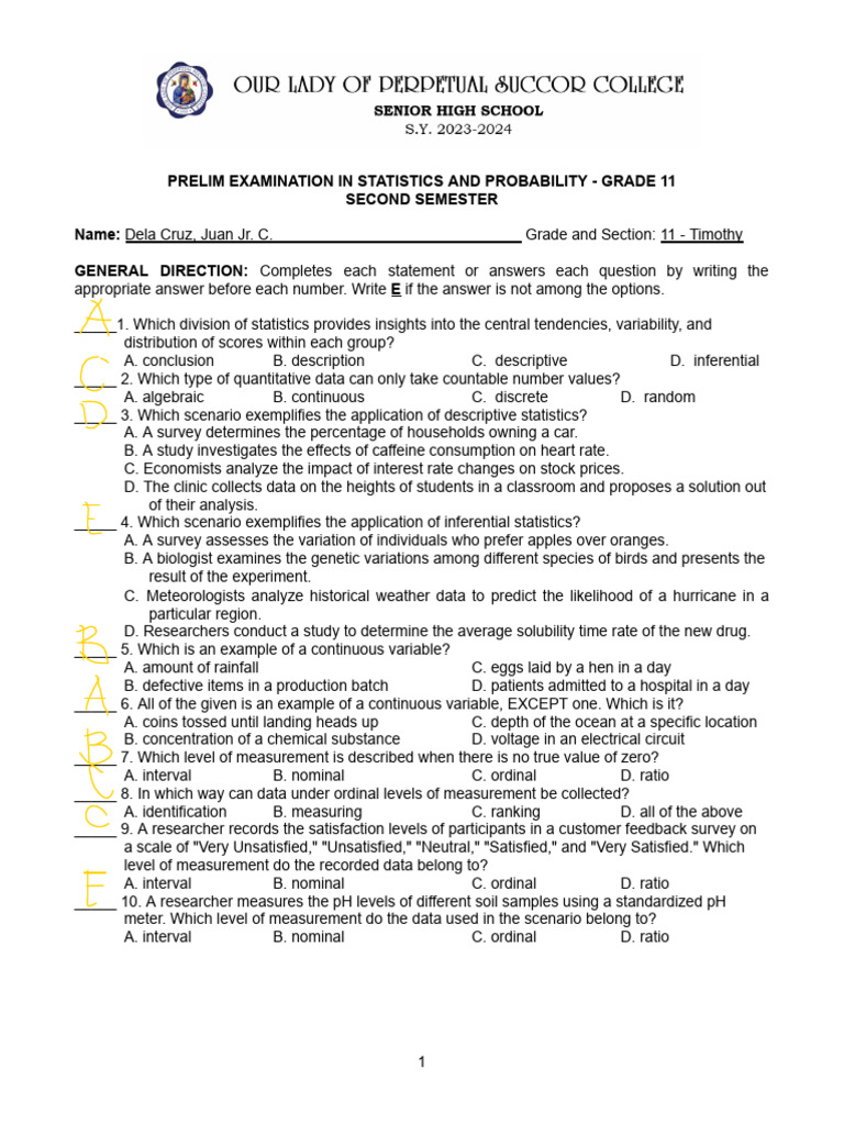 Prelim Examination in Statistics and Probability - Grade 11 | PDF ...