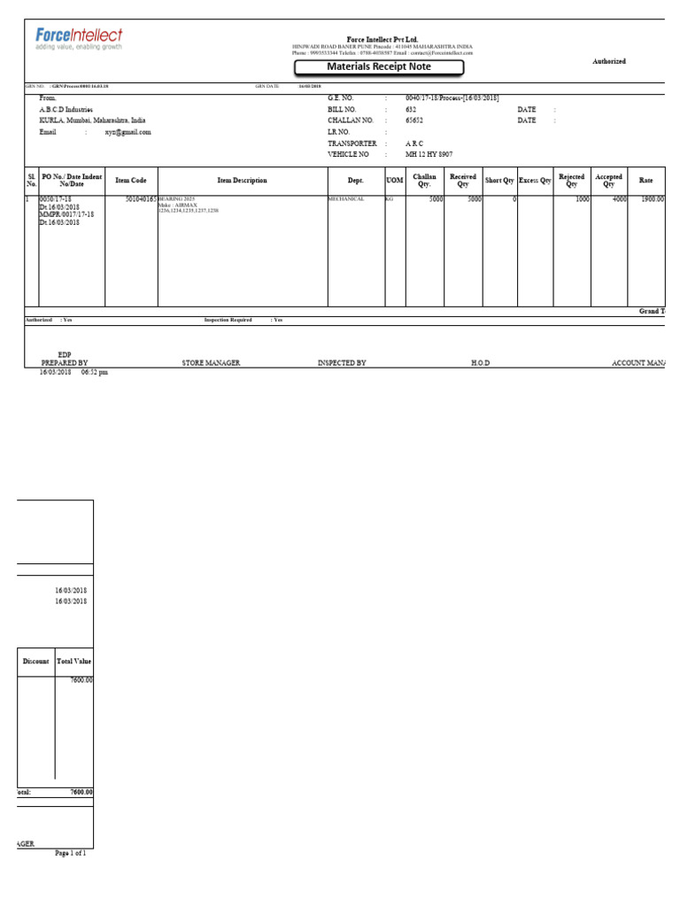 Goods Received Note Template in Excel Format | PDF