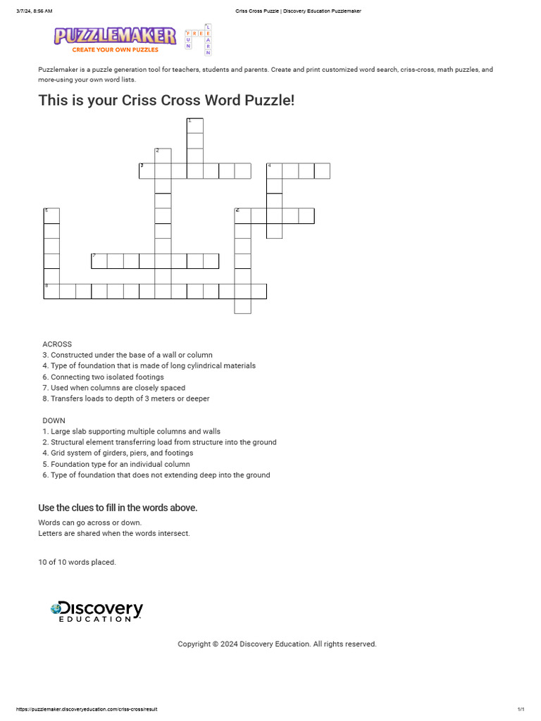 Criss Cross Puzzle - Discovery Education Puzzlemaker | PDF