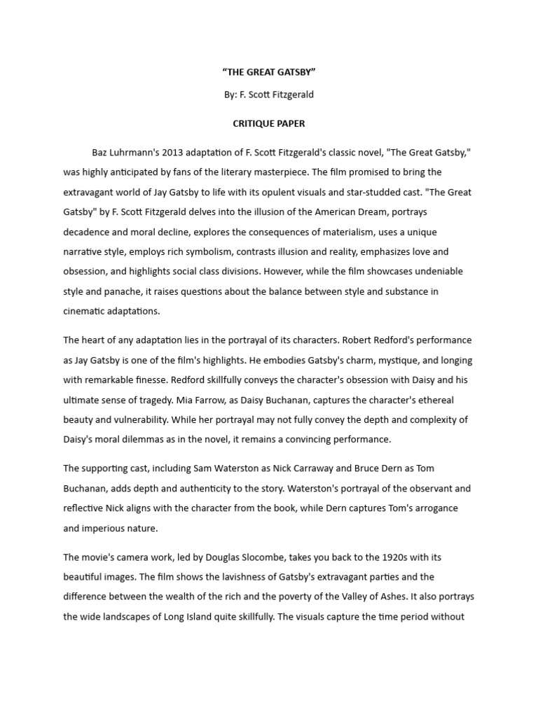 The Great Gatsby Critique Paper | PDF | The Great Gatsby