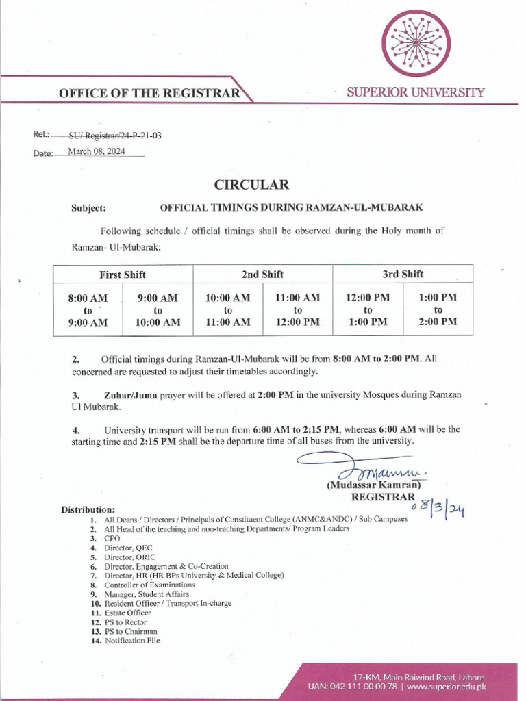 Circular For Ramzan Timing 2024 | PDF