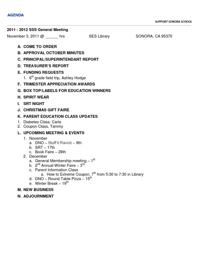 SSS Agenda, General Meeting 11-3-11 | PDF