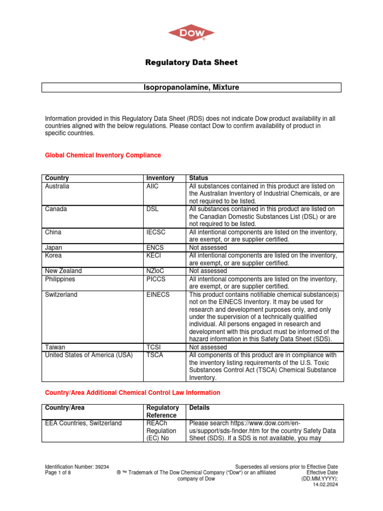 Regulatory Data Sheet: Global Chemical Inventory Compliance | PDF ...