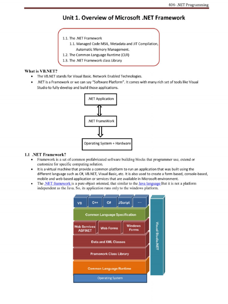 Unit 1 - Overview of Microsoft .NET Framework | PDF