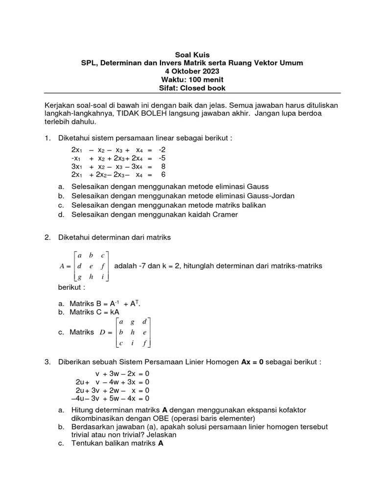 Kuis SPL, Determinan, dan Vektor Matrik | PDF