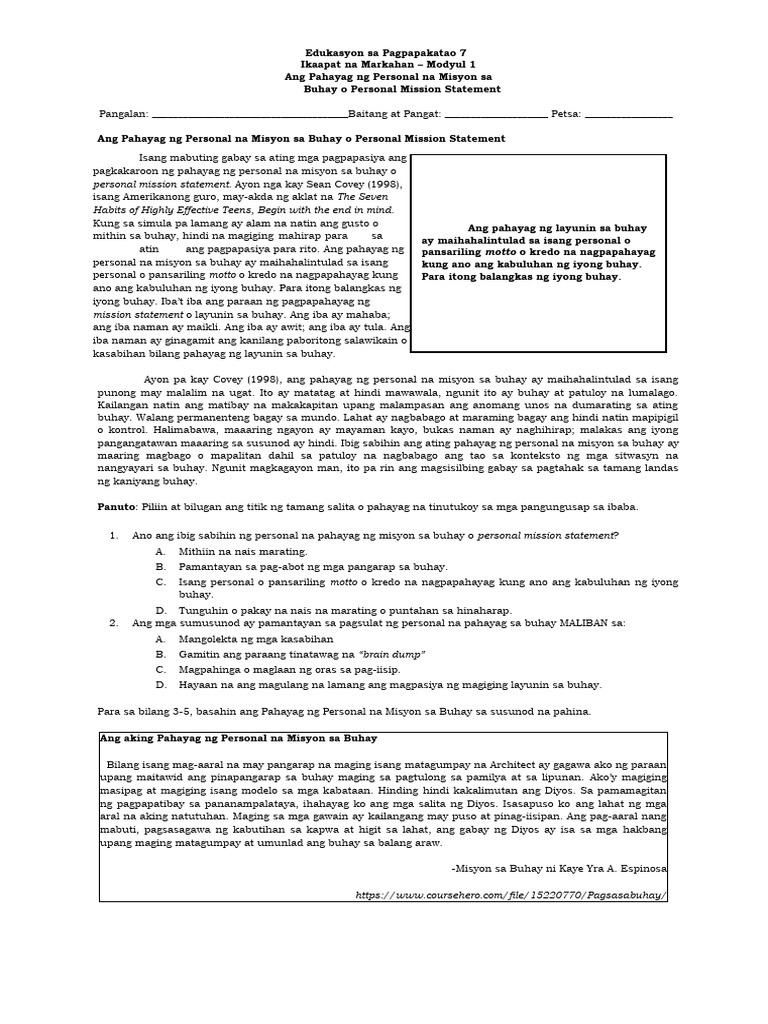 EsP7 - Q4 - Module 1and 2 - AngPahayagngPersonalnaMisyonsaBuhayoPersonalMissionStatement | PDF
