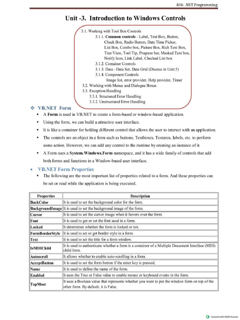 Unit 3 - Introduction to Windows Controlss | PDF
