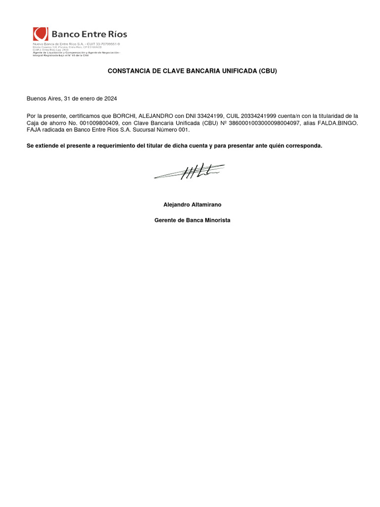 Constancia de CBU de Alejandro Borchi | PDF