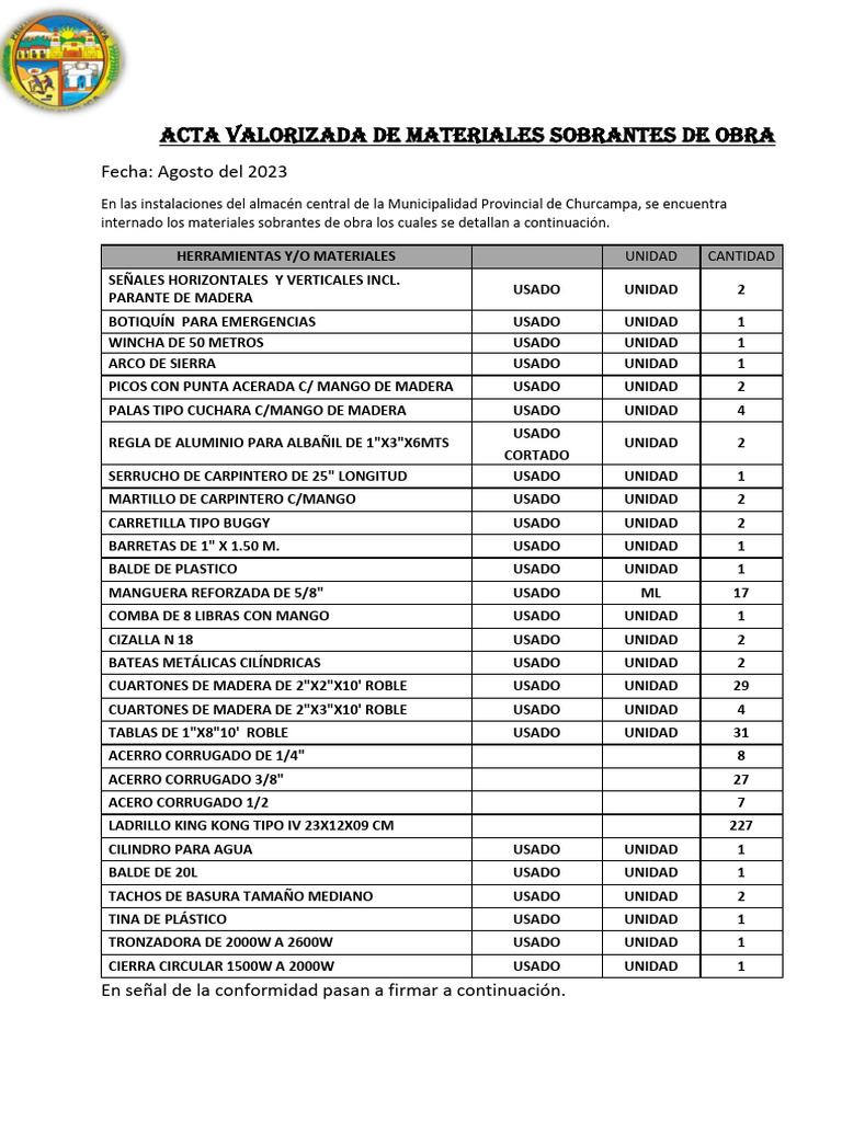 Acta de Materiales Sobrantes 2 | PDF | Ingeniería de Edificación ...